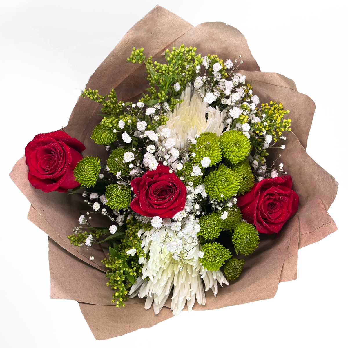 Ramo rústico con 3 rosas y flores variadas – Rosatel Chile