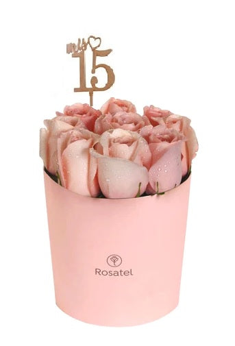 Sombrerera Rosada Mediana con 9 Rosas Rosadas y Topper Mis 15 – Rosatel ...
